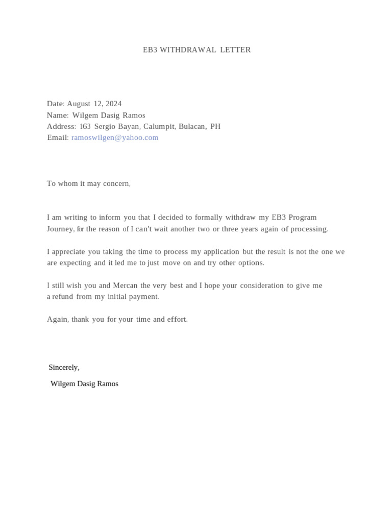 EB3 Withdrawal Letter | PDF