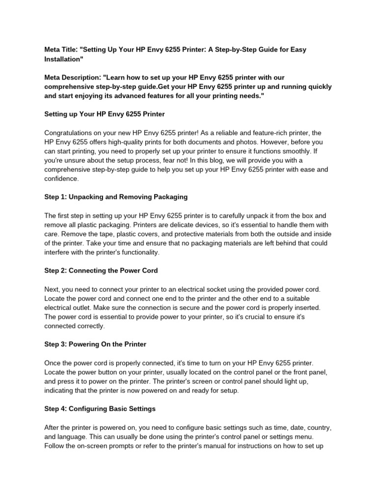 Meta Title - Setting Up Your HP Envy 6255 Printer - A Step-by-Step ...