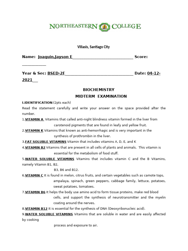 Biochemistry Midterm | PDF