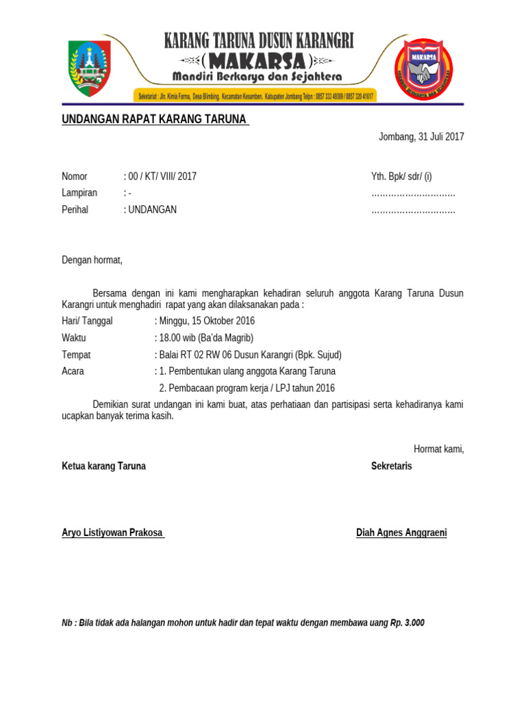 Undangan Rapat Karang Taruna | PDF