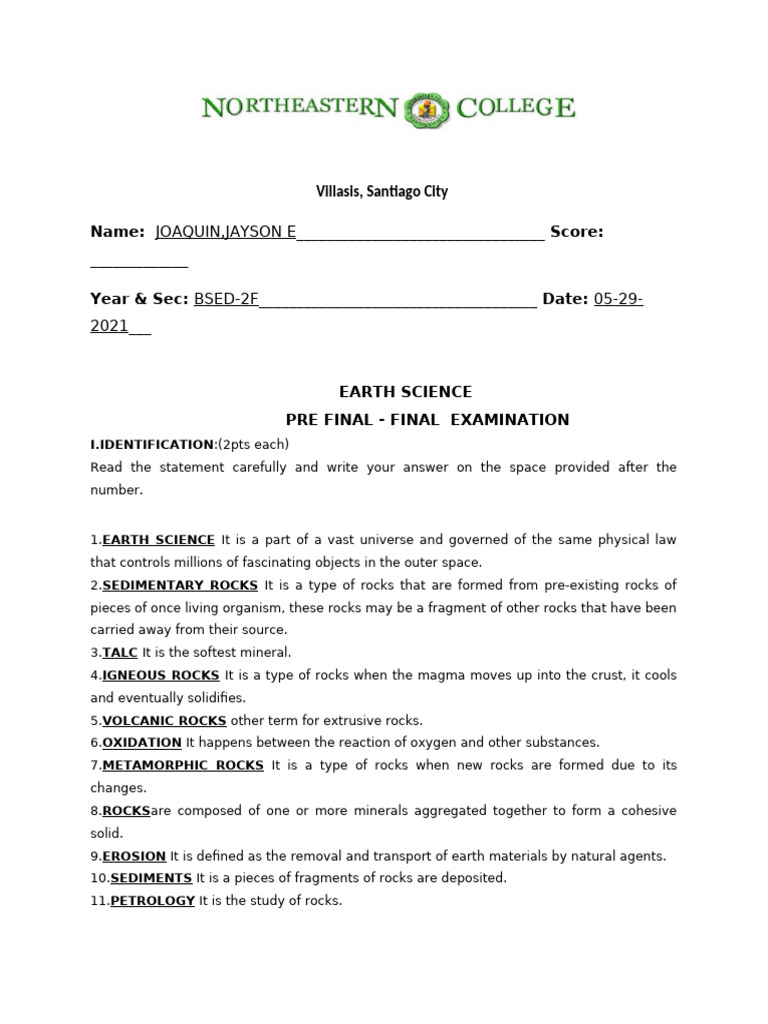 Earth Sci Pre Final | PDF