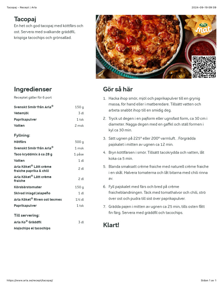 Tacopaj - Recept - Arla | PDF