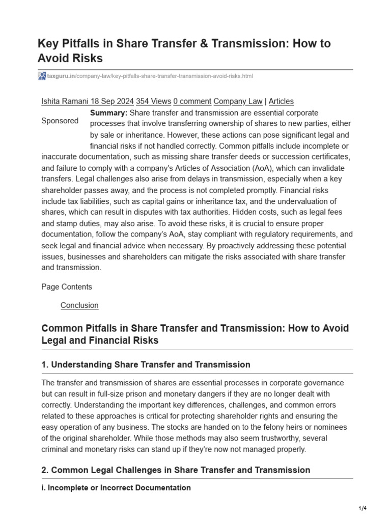 Key Pitfalls in Share Transfer Transmission How To Avoid Risks | PDF