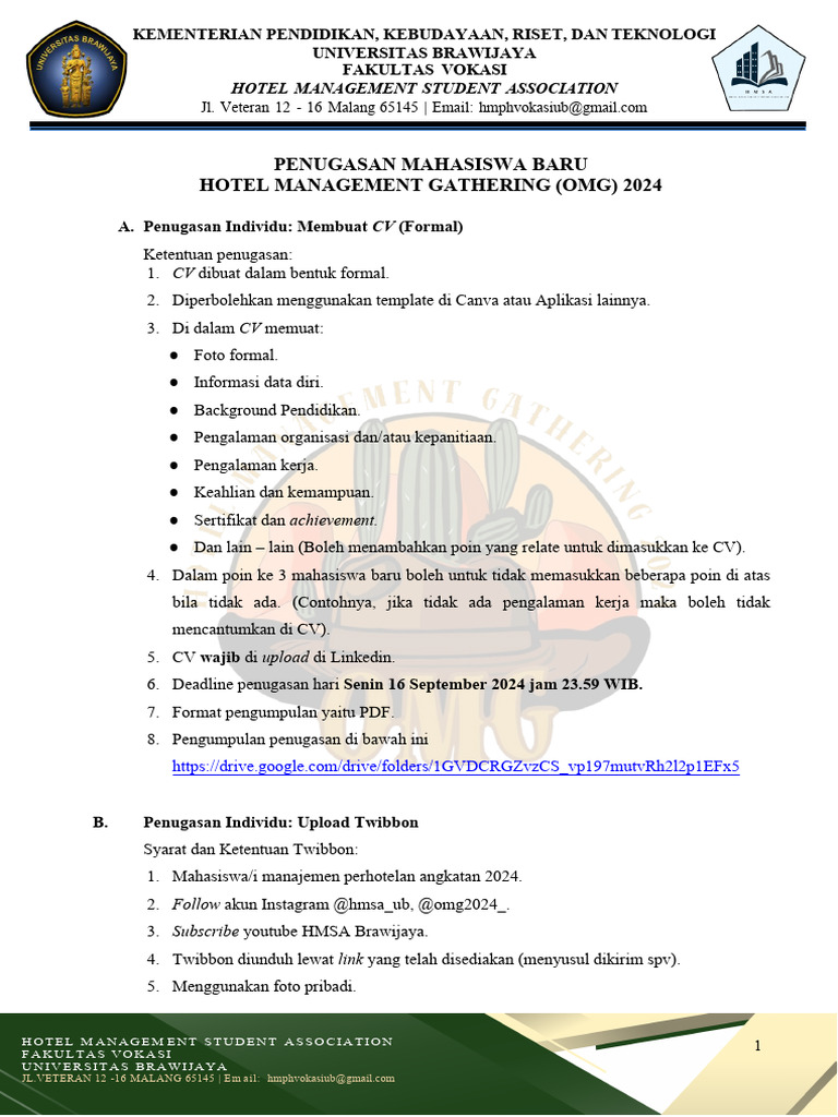 Booklet Penugasan Maba Omg 2024 | PDF