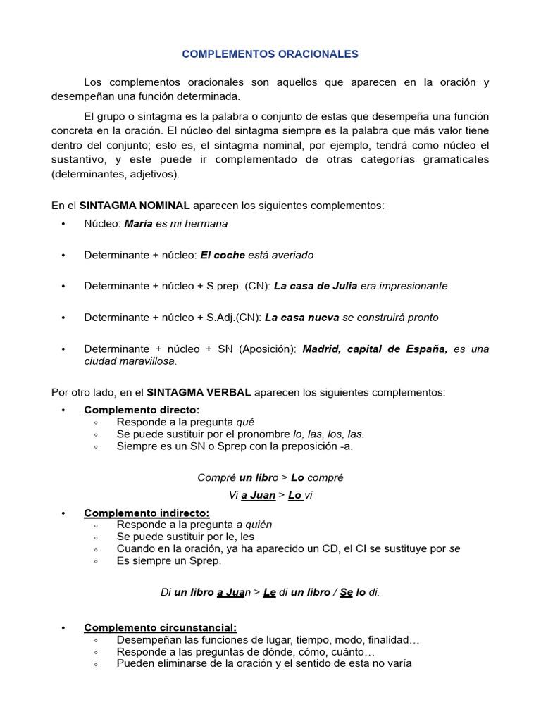 Tipos de Complementos Oracionales | PDF | Verbo | Sintaxis