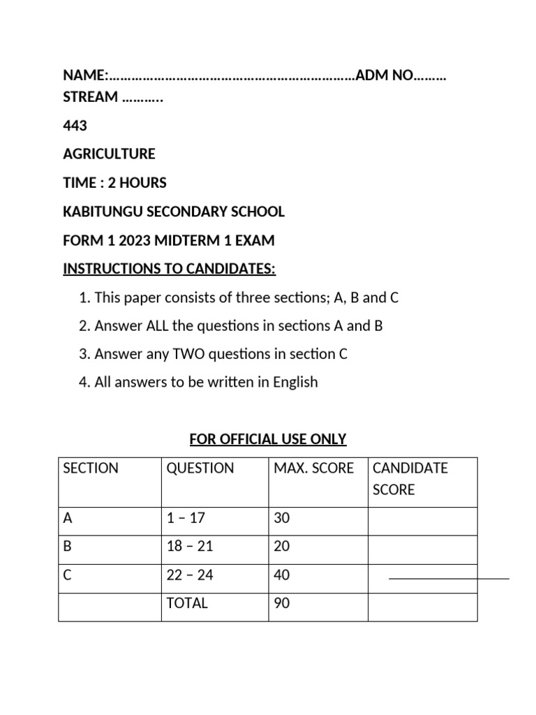 Agriculture Form 1 Term 2 Midterm | PDF