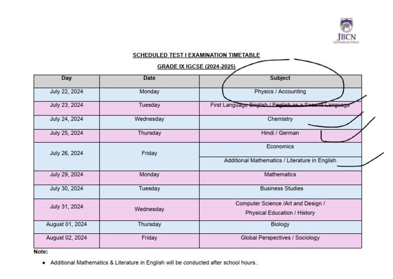 Scheduled Test I Examination Timetable GRADE IX IGCSE (2024-2025) Day ...