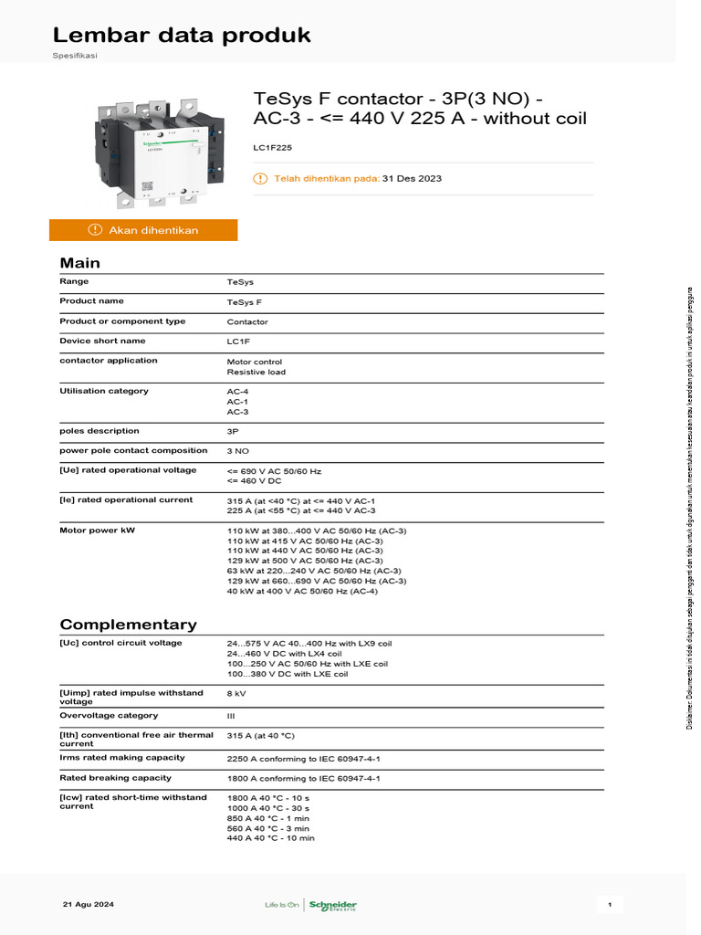 Schneider Electric - TeSys-F - LC1F225 | PDF