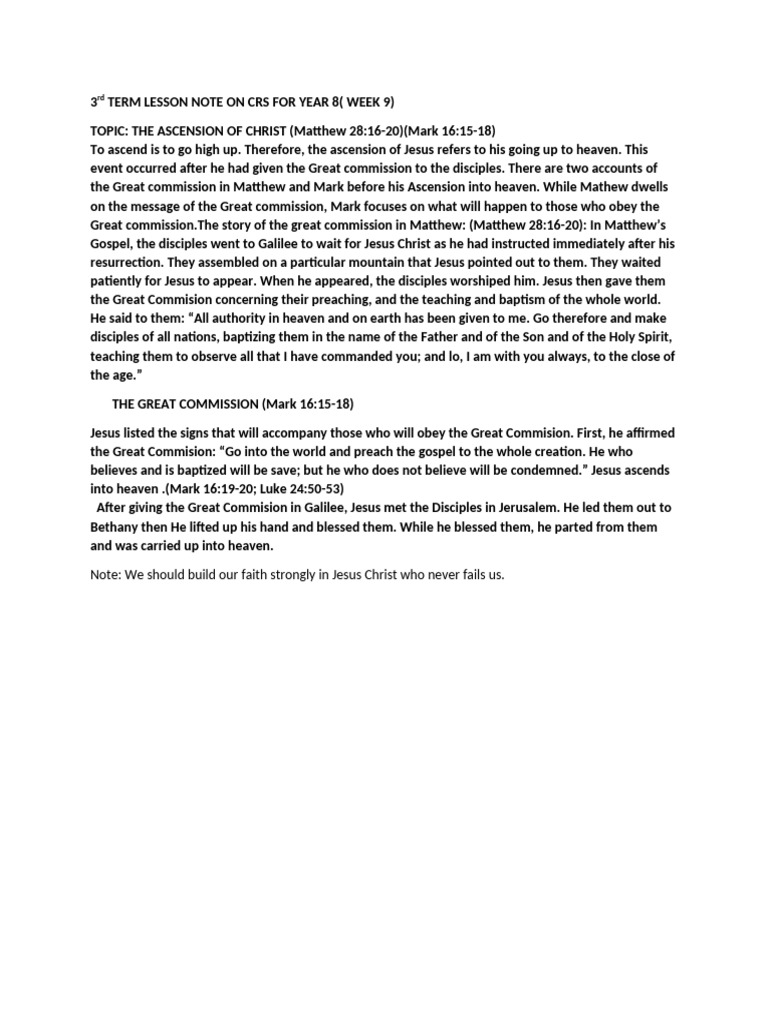 3rd Term Lesson Note On CRS Year 8 (Week 9) | PDF