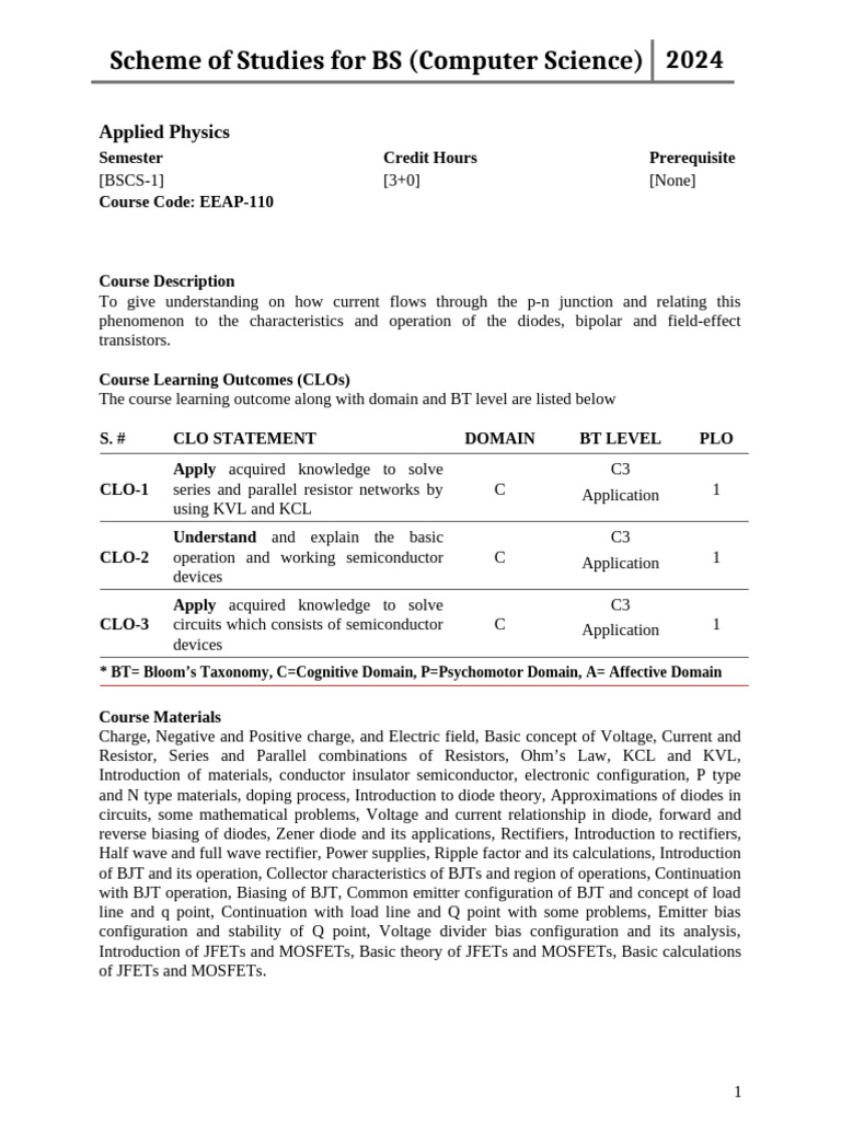 AppliedPhysics - Course - Outile (Theory+Lab) BSCS | PDF