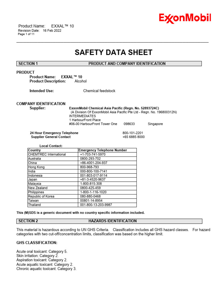 Exxal-10 MSDS Sheet | PDF