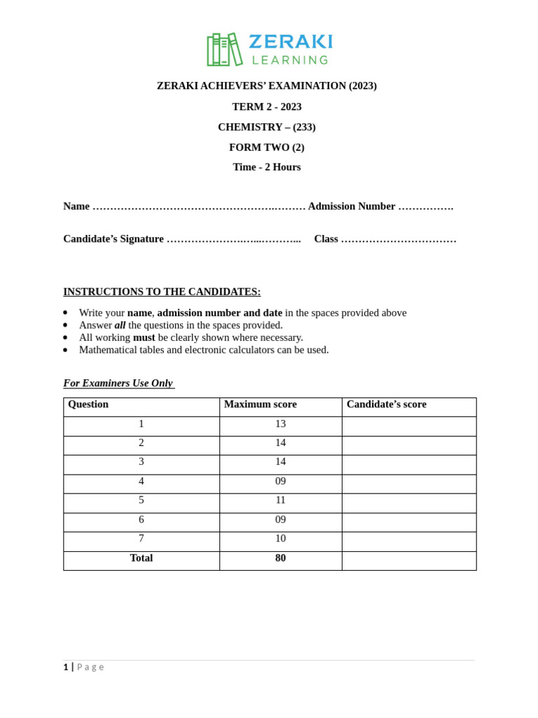 Chemistry Form 2 ZERAKI ACHIEVERS | PDF