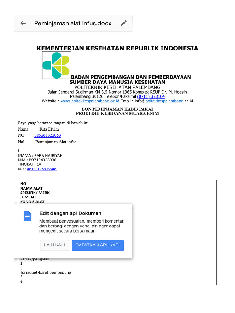 Peminjaman Alat Infus | PDF