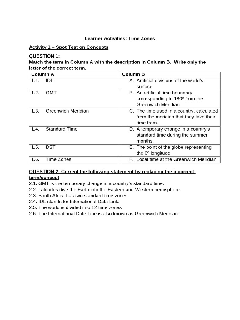 Learner Activities (Time Zones) | PDF