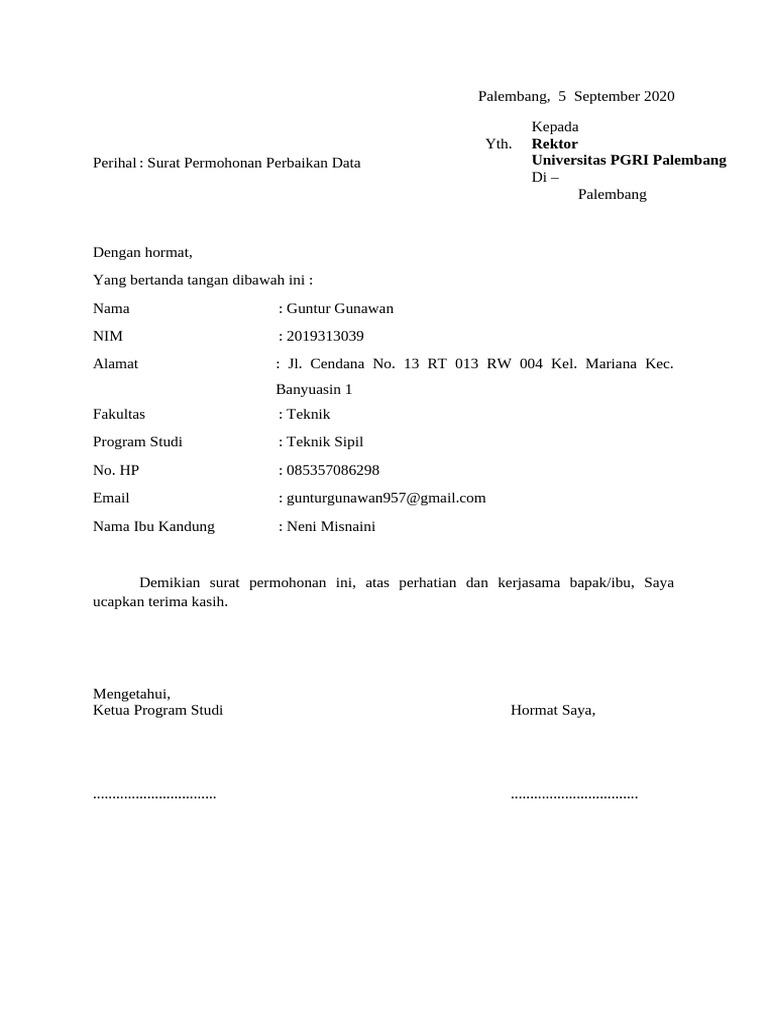 Surat Permohonan Perbaikan Data Mahasiswa (Guntur) | PDF