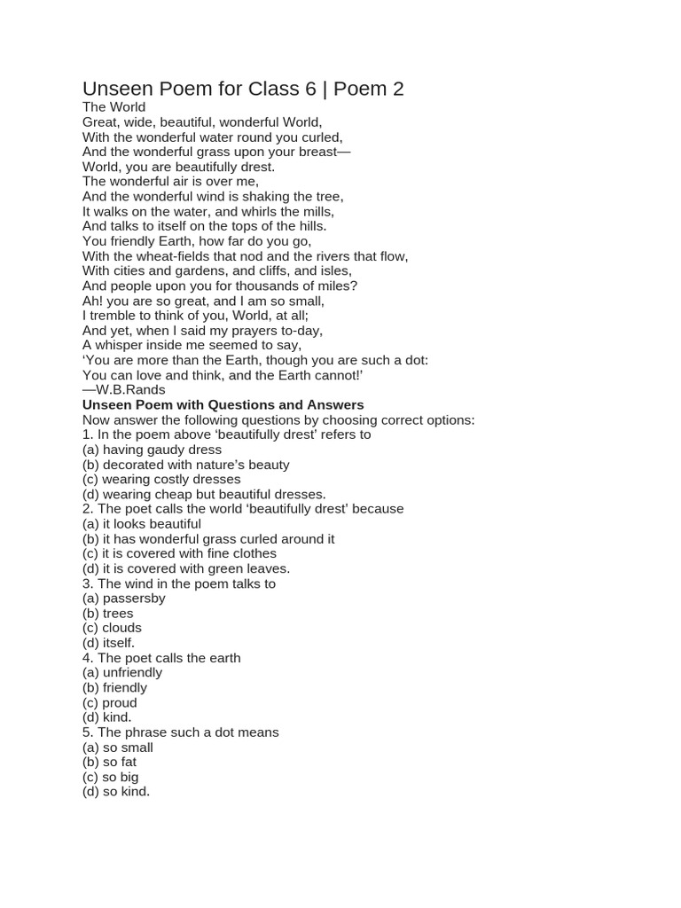 Unseen Poem For Class 6 | PDF