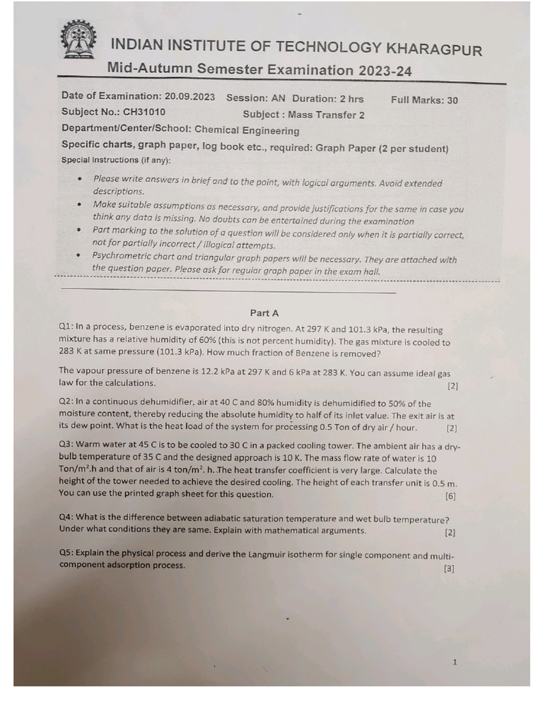 Ch31010 Mass Transfer Midsem 2023 Pdf