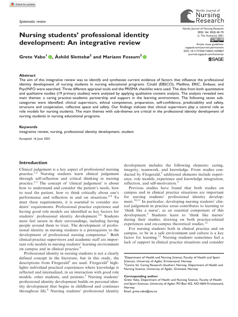 Vabo Et Al 2021 Nursing Students Professional Identity Development An ...