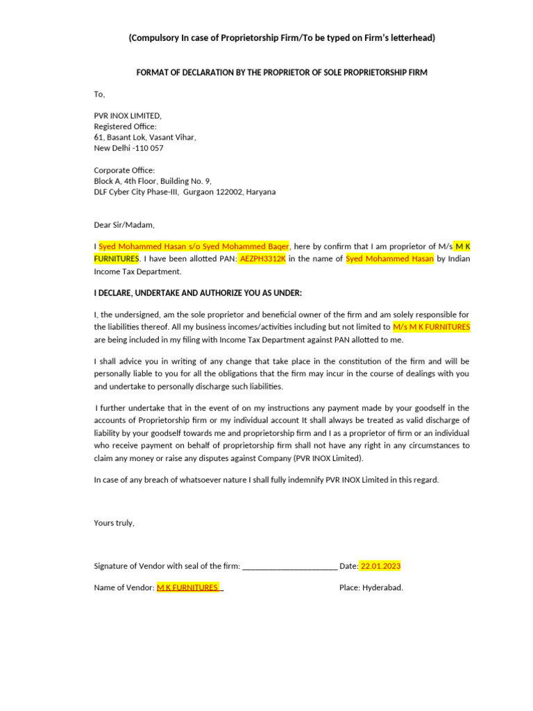 Vendor Registration - Prop. Declaration Format | PDF | Business | Finance & Money Management