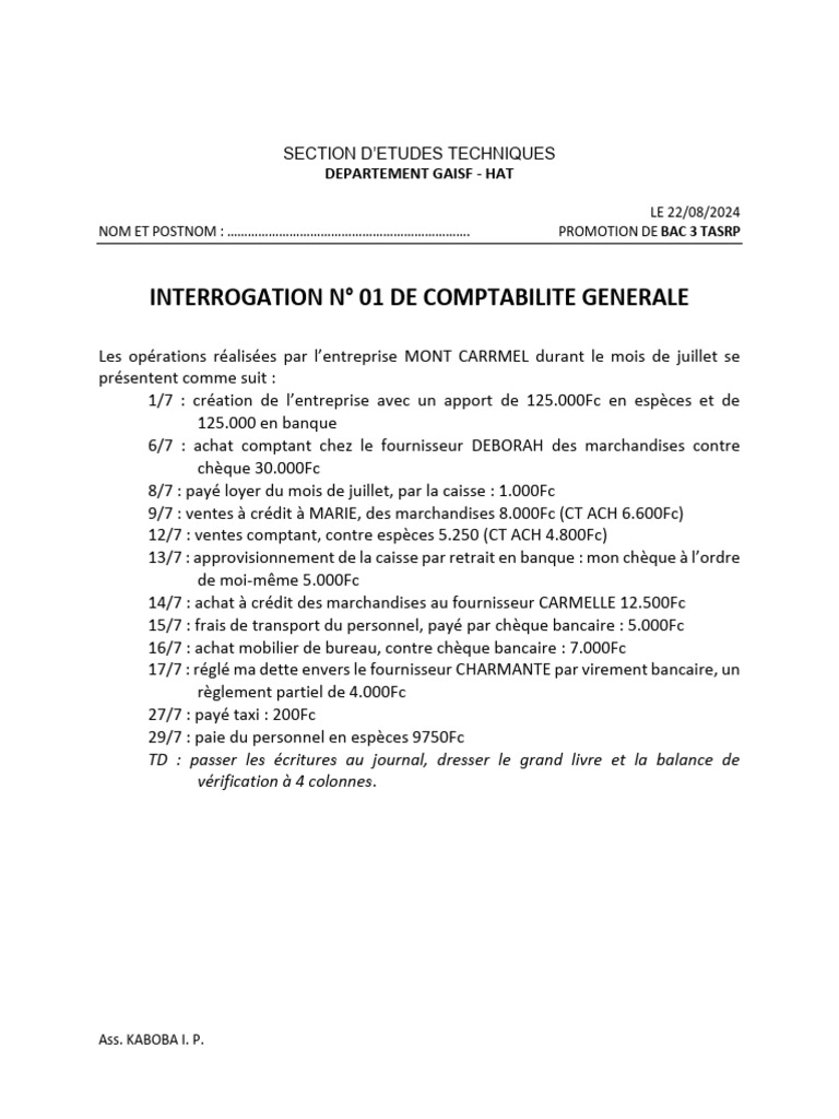 Interro CPT Fin Bac1 Gca Et Scci 24 | PDF