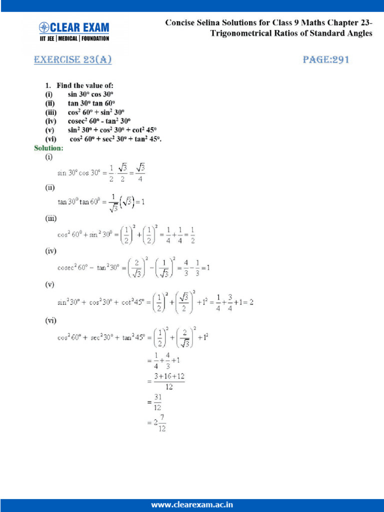 Concise Selina Solutions For Class 9 Maths Chapter 23 Trigonometrical ...
