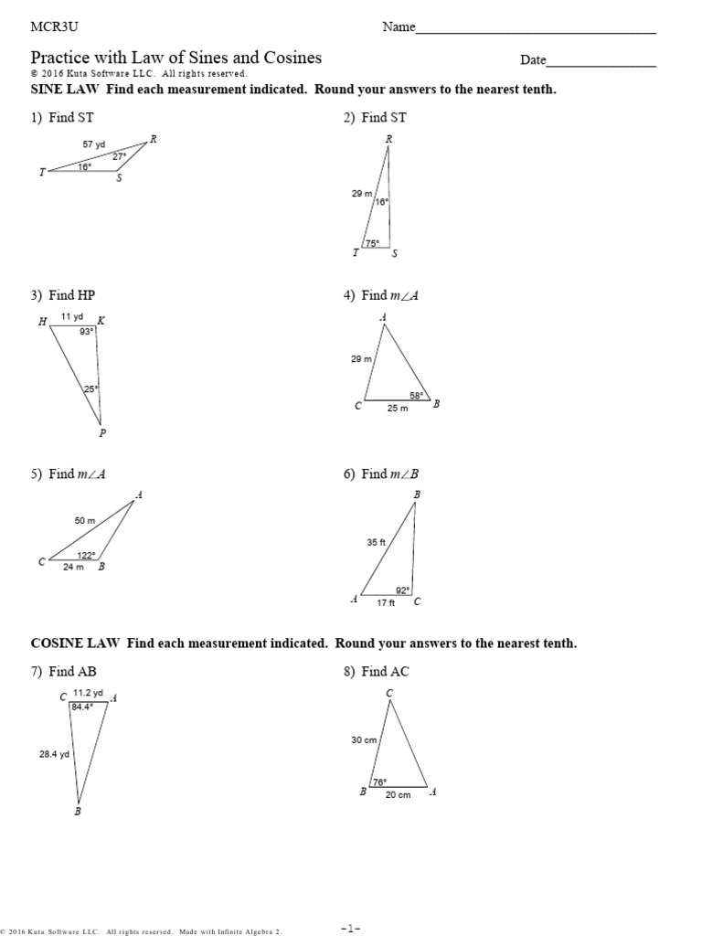 Practice With Law of Sines and Cosines Worksheet | PDF