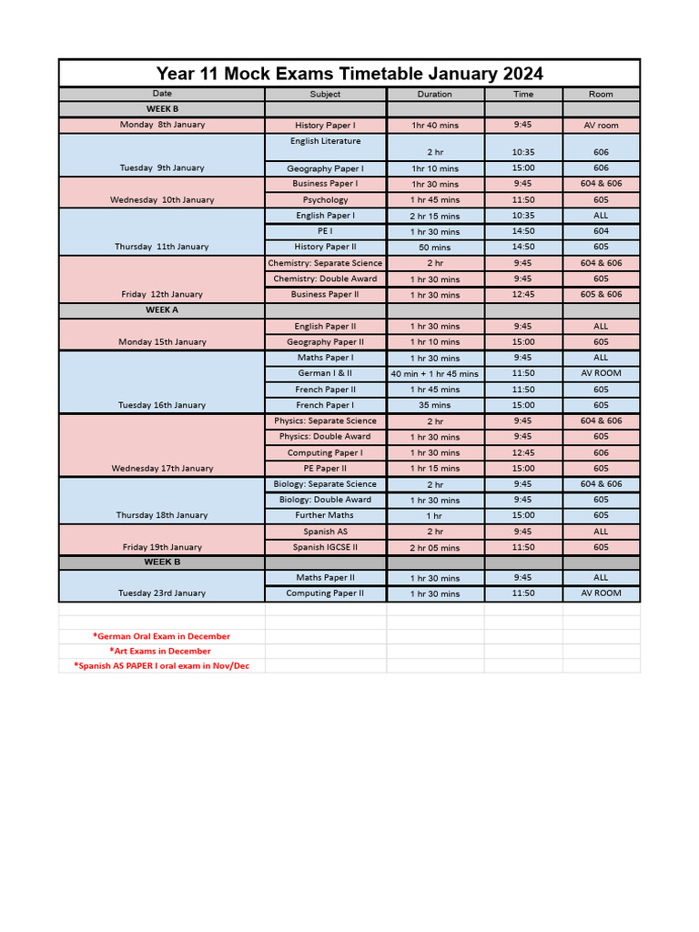 Year 11 Mock Exam Timetable 2024 | PDF