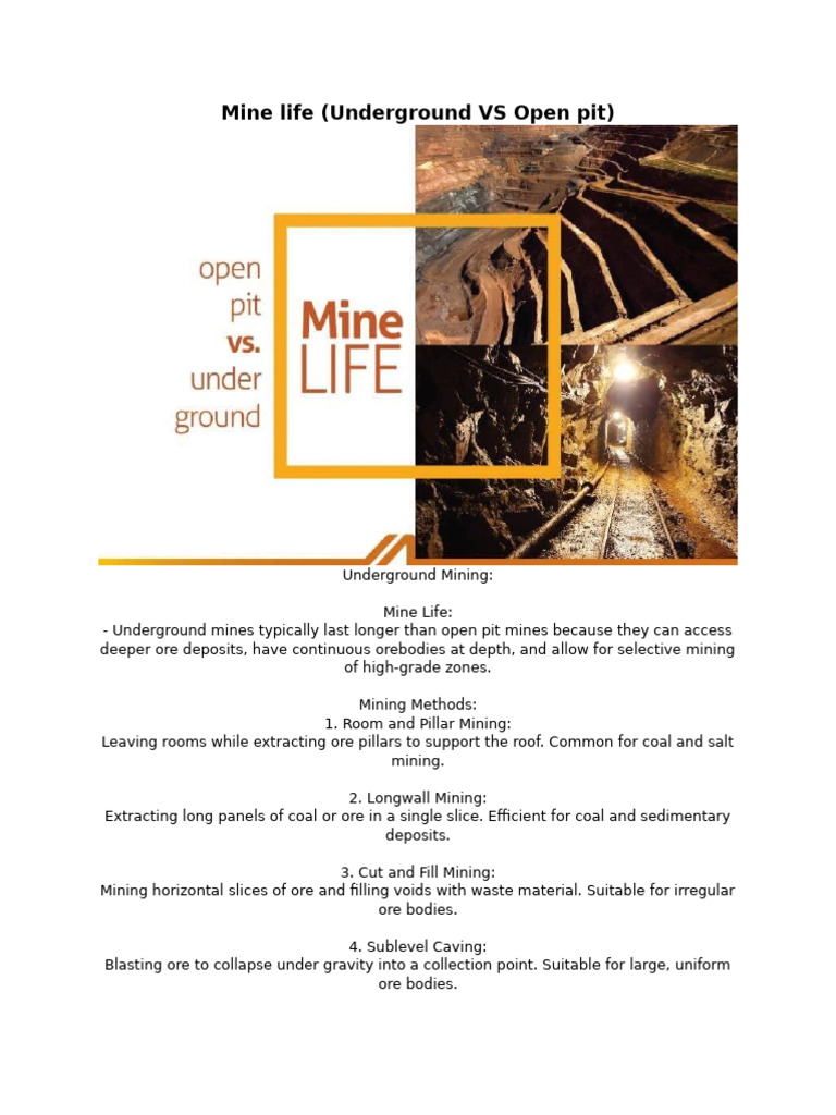 Mine Life-Comparison Beween Open Pit and Underground Mining | PDF