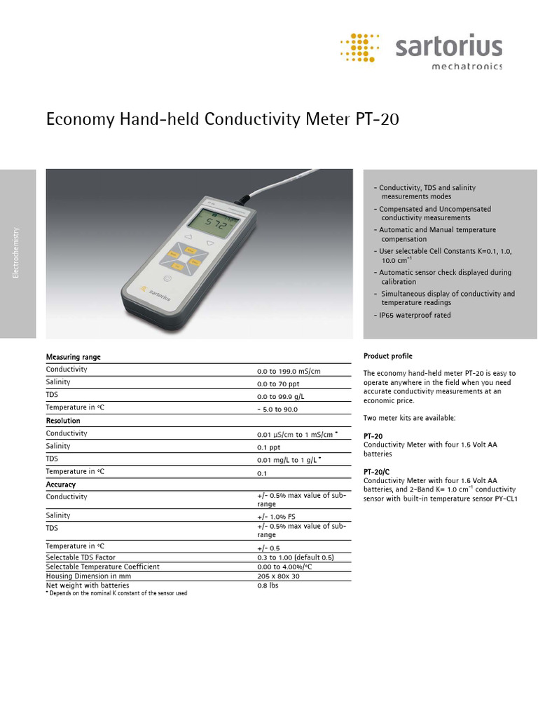 Sartorius Economy Hand-Held Conductivity Meter PT-20 | PDF