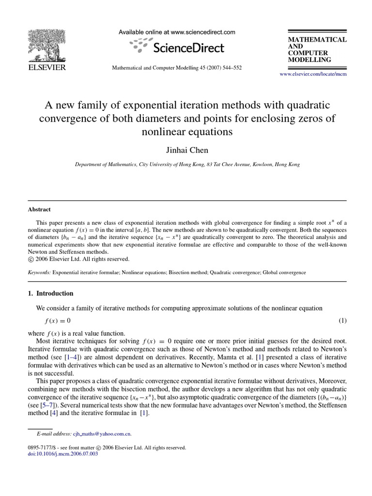 A New Family of Exponential Iteration Methods With Quadratic Convergence of Both Diameters and ...