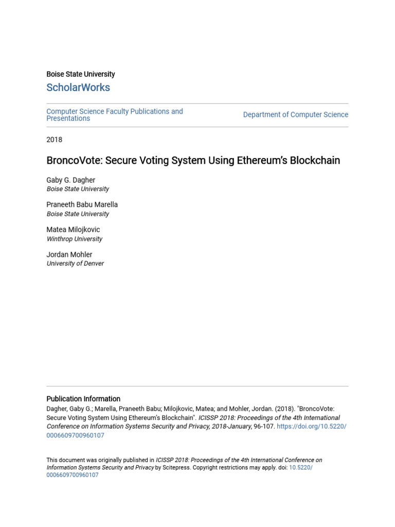 BroncoVote - Secure Voting System Using Ethereum - S Blockchain | PDF