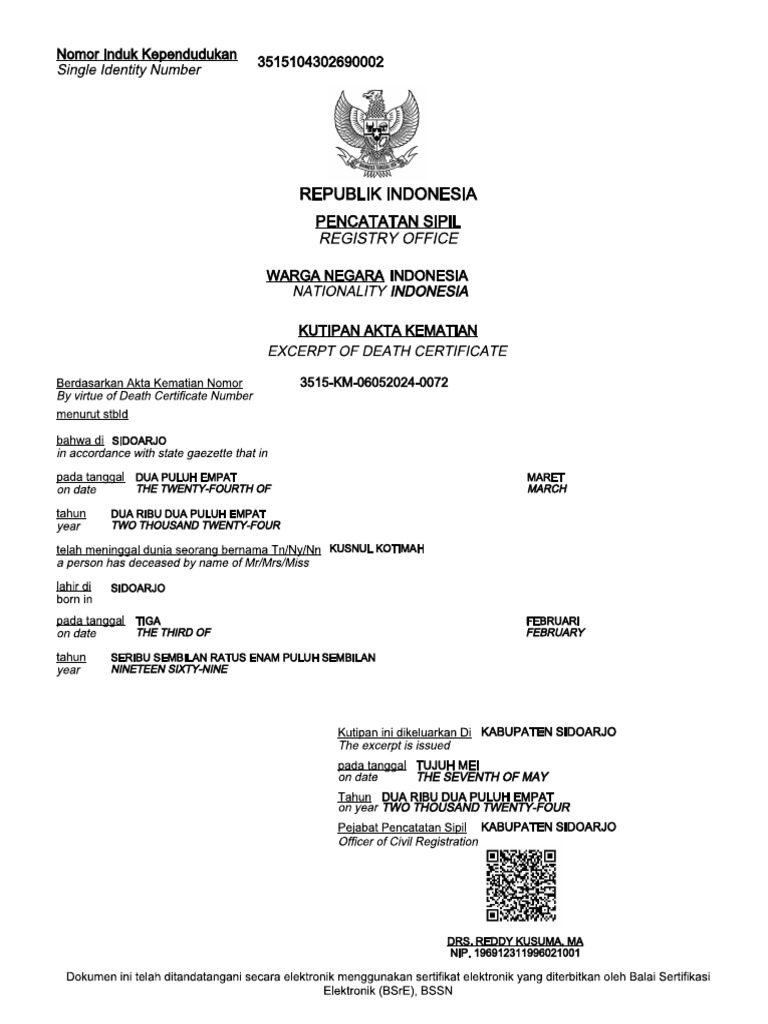 Akte Kematian Kusnul Kotimah | PDF