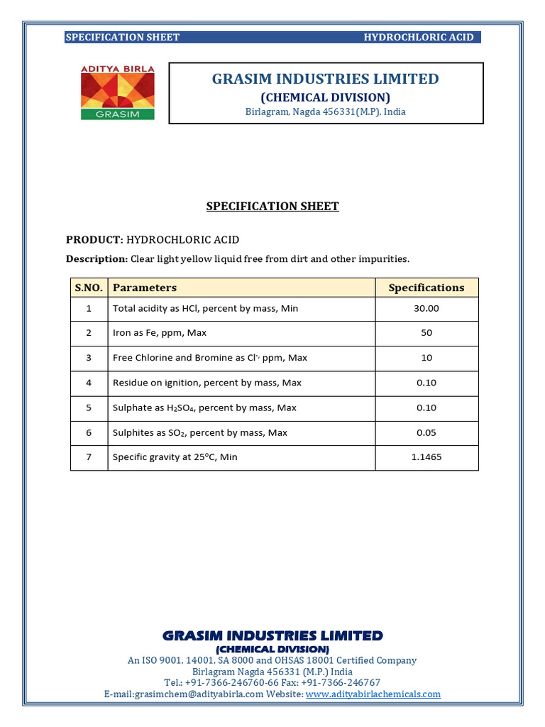 Specification Sheet HCL | PDF