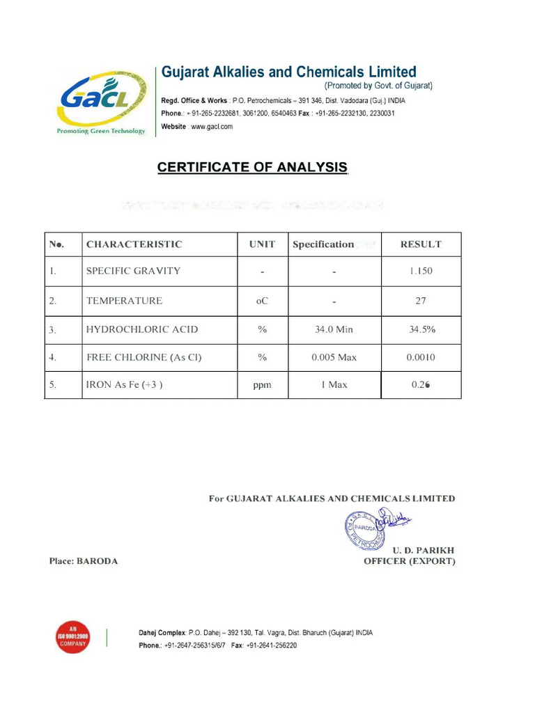 COA - HCL-1 | PDF