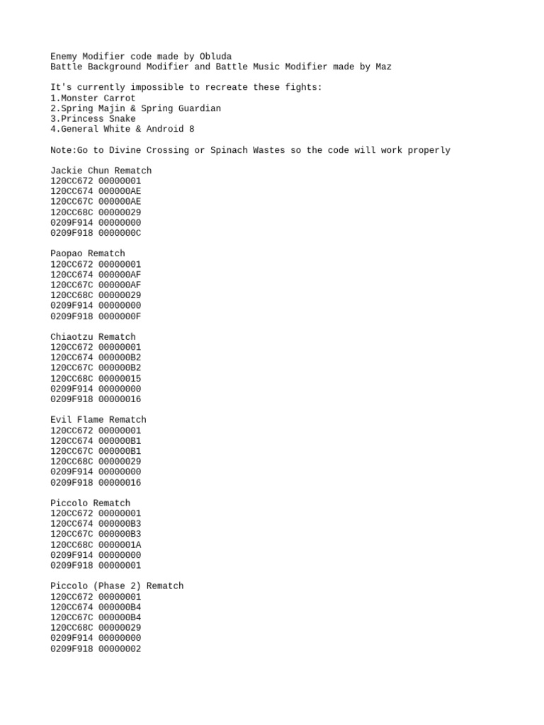 DBZ AOTS Boss Rematch Codes | PDF
