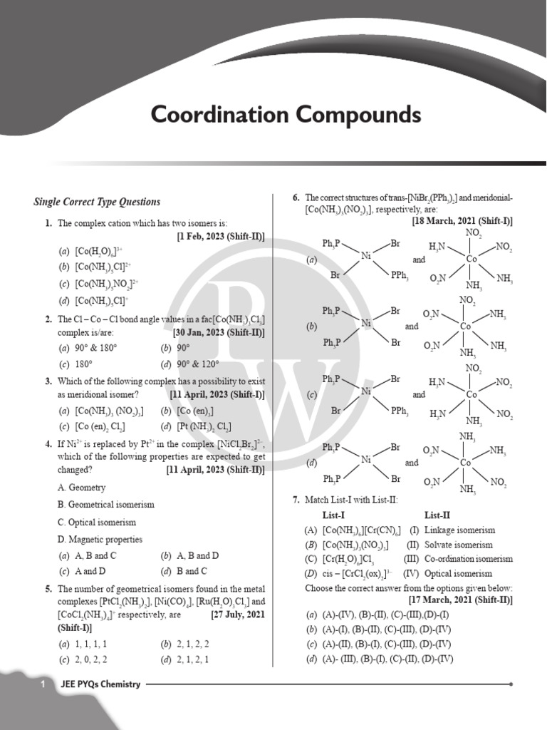 Coordination Compounds - PYQ Practice Sheet | PDF