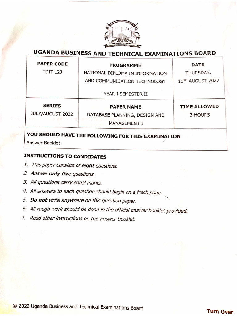 Ubteb Tdit 123 Databased Planning, Design and Management Aug 2022 | PDF