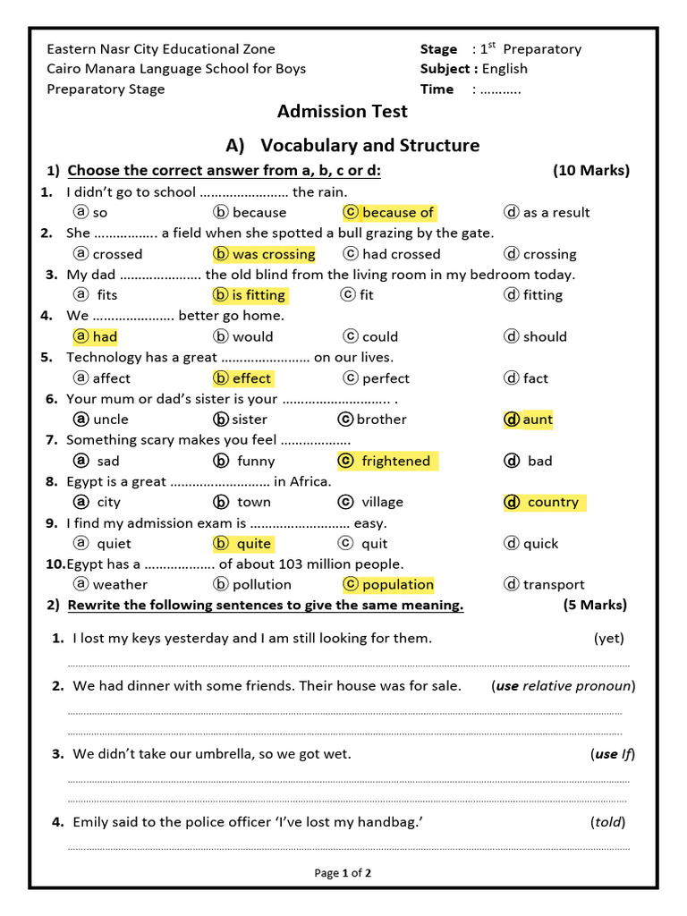 ADMISSION TEST 1st prep ANSWERS | PDF