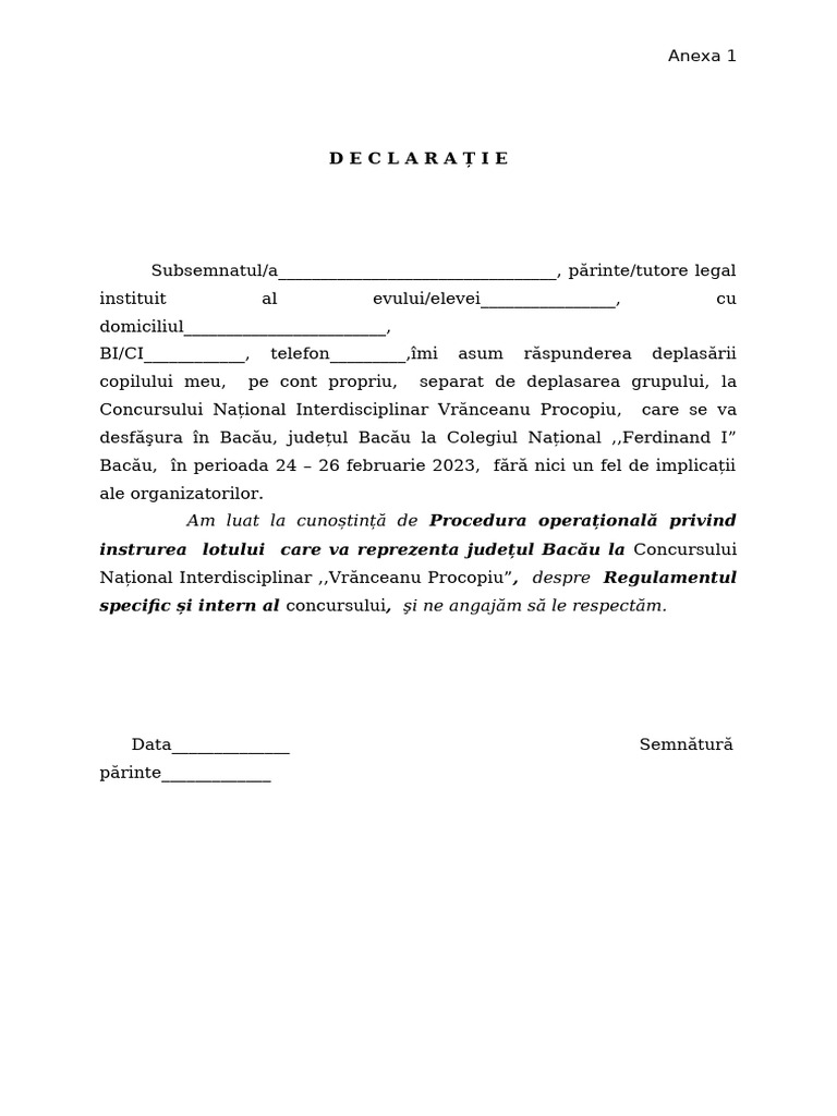 Anexa 2. Declaratie Asumare Raspundere Deplasare Copil | PDF