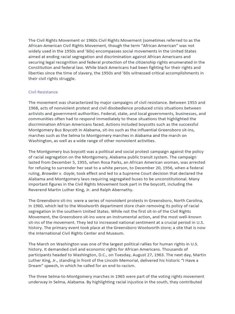 Civil Rights Movement Overview | PDF | Martin Luther King Jr. | Politics