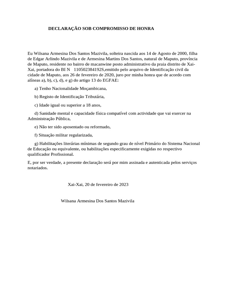 Declaracao Sob Compromisso de Honra | PDF