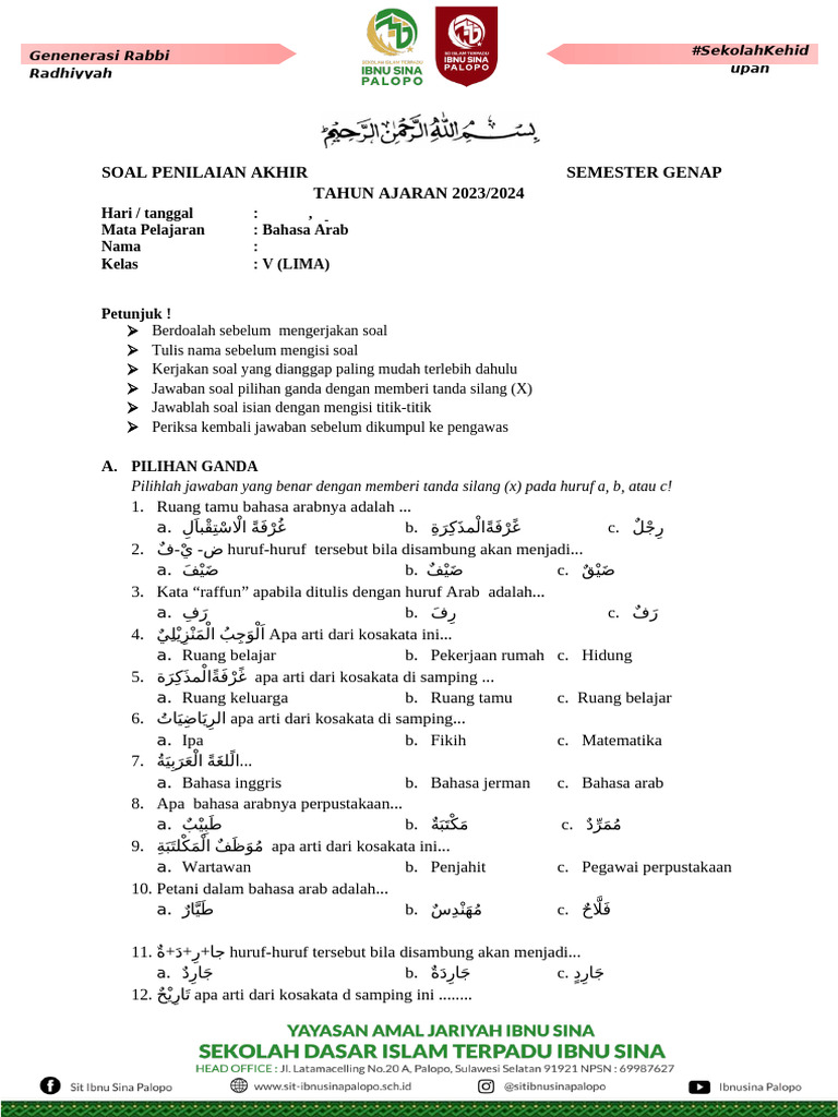 Soal PTS Kelas 5 Ibsi Fix | PDF