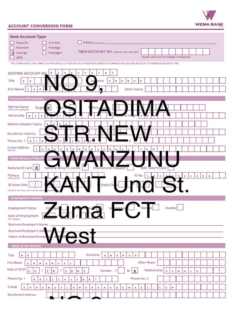 WEMA Account Upgrade or Conversion Form (4) 2 | PDF