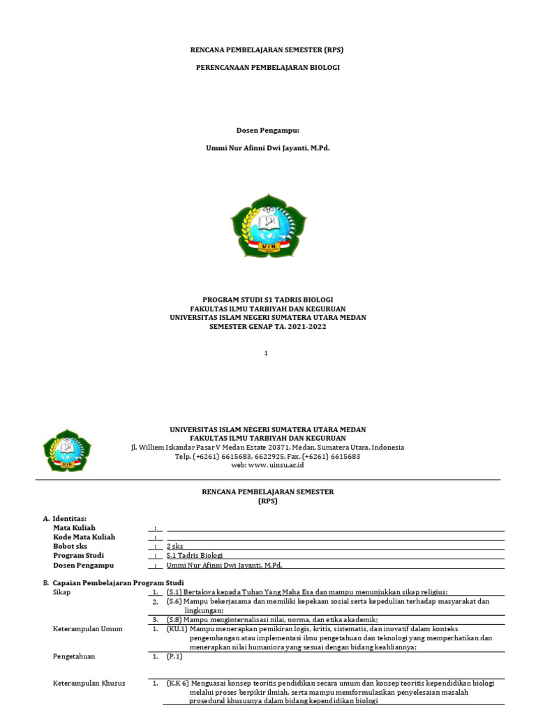 RPS Perencanaan Pembelajaran Biologi 2022 Ummi Nur Afinni Dwi Jayanti | PDF
