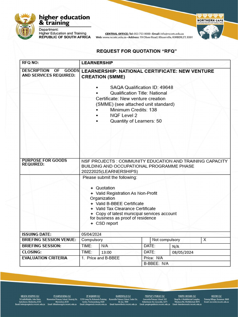 Nccetc RFQ 008 - 2024 Learnership Gauteng Certificate New Venture ...
