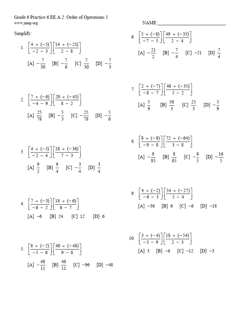6.EE.A.2. Order of Operations 5 | PDF