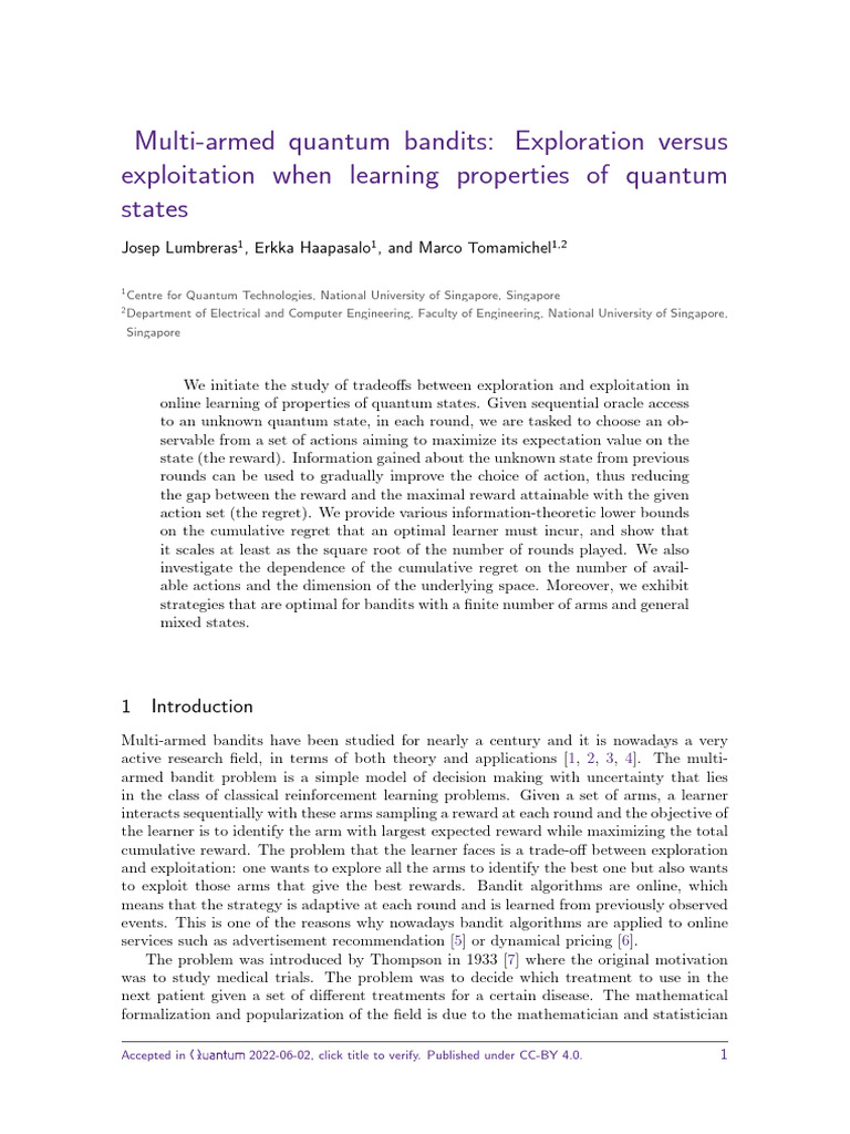 Multi-Armed Quantum Bandits: Exploration Versus Exploitation When Learning Properties of Quantum ...