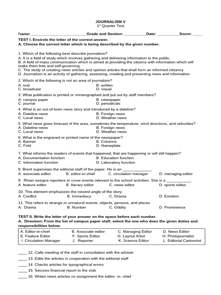 1st Grading Test SPJ | PDF | News | Art