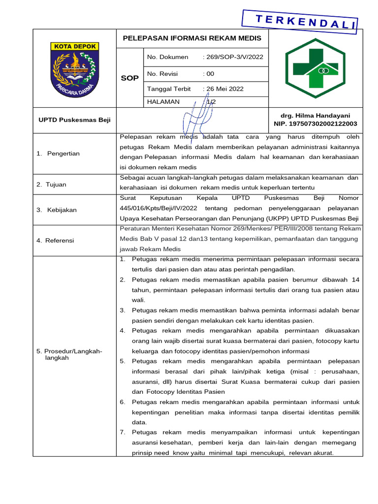 269 Sop Pelepasan Informasi Rekam Medis | PDF