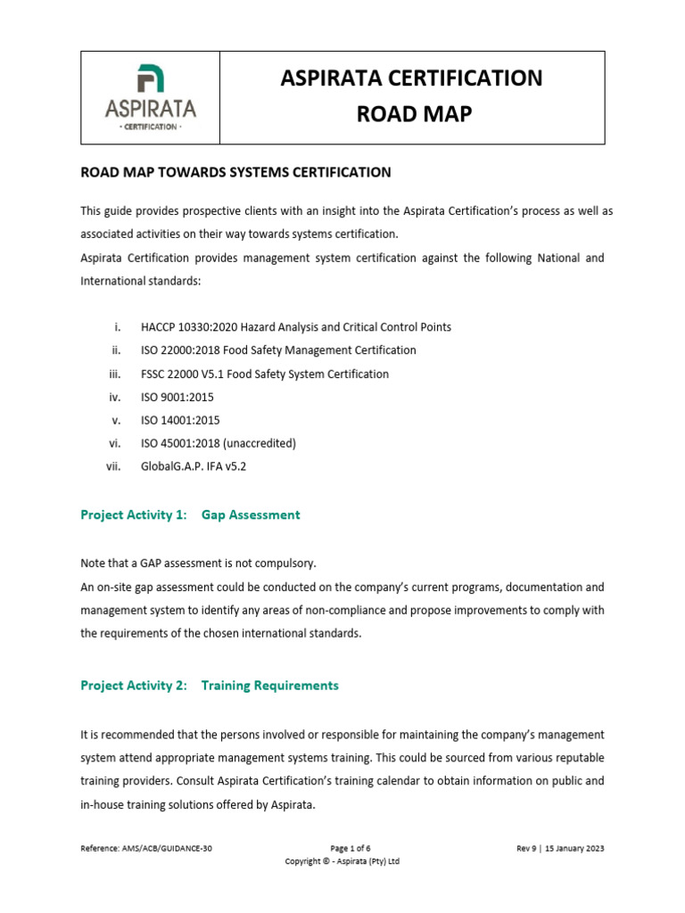 G30 Aspirata Certification Road Map Rev 9 | PDF | Audit | Hazard ...